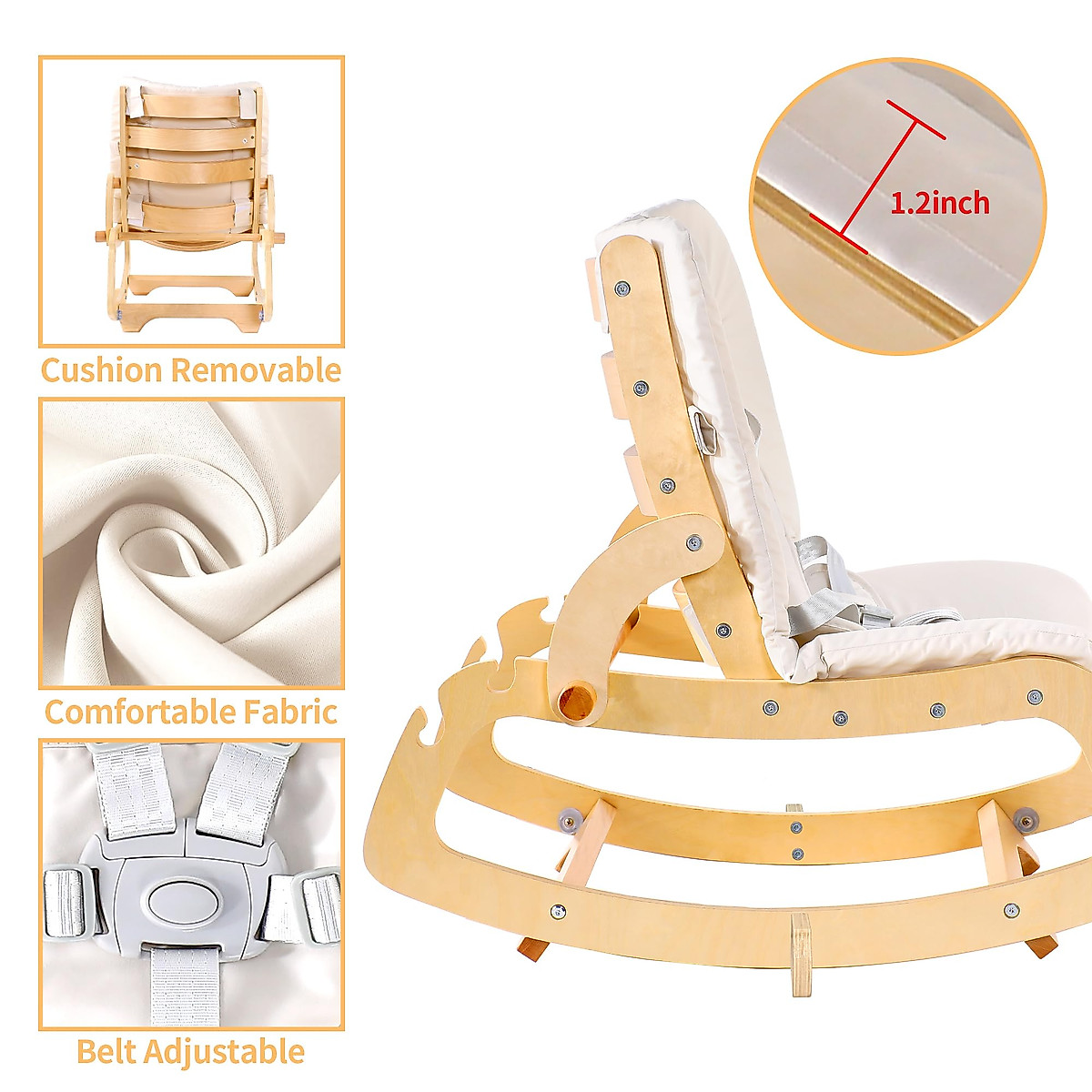 MallBest 3-in-1 Baby Bouncer Adjustable Wooden Rocker Chair Recliner with Removable Cushion and Seat Belt for Infant to Toddler (Beige)
