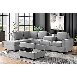 Acosure 112" Modern L-Shape Couch Set with Reversible Chaise,Sectional Convertible Sofa W/Storage Ottoman & 2 Cup Holders,Easy Assembly,6 Seat Sleeper Furniture for Living Room Apartment,Gray Velvet