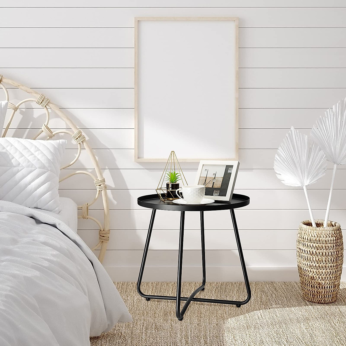 TeoKJ Outdoor Side Tables, Anti-Rust Metal Outdoor End Table, Small Patio Table Round End Table Outdoor Table for Garden Balcony Yard Porch Patio Lawn Black