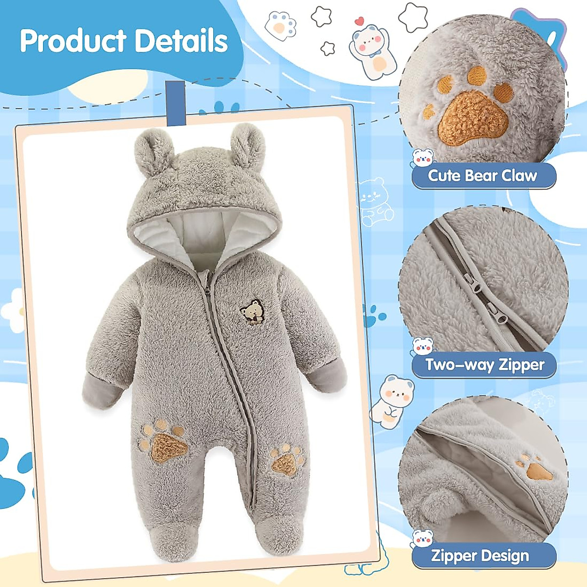 Fairy Baby Newborn Baby Winter Snowsuit Bear One-Piece Hooded Romper Footie Fleece Jumpsuit Infant Girl Boy Grey 3-6M