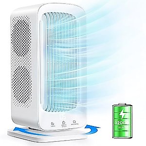 Bladeless Small Tower Fan 90° Oscillating Fan 12000mAh Battery Operated Portable Desk Fan, 11'' Quiet Cordless Fans for Home Office Table Fan with Dual Cold Air Cooling Fan for Bedroom, Outdoor, White