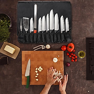 Tosnail Chef Knife Case Roll Bag with 21 Slots & 1 Large Zipper Pocket, Easy Carry Handle and Shoulder Strap - Black