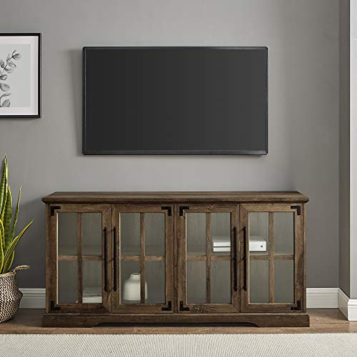 Walker Edison Farmhouse Barn Glass Door Wood Universal TV Stand for TV's up to 64" Flat Screen Living Room Storage Cabinet Doors and Shelves Entertainment Center, 58 Inch, Rustic Oak