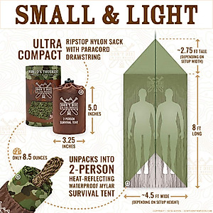 World's Toughest Ultralight Survival Tent • 2 Person Mylar Emergency Shelter Tube Tent + Paracord • Year-Round All Weather Protection for Hiking, Camping, & Outdoor Survival Kits (Camo)