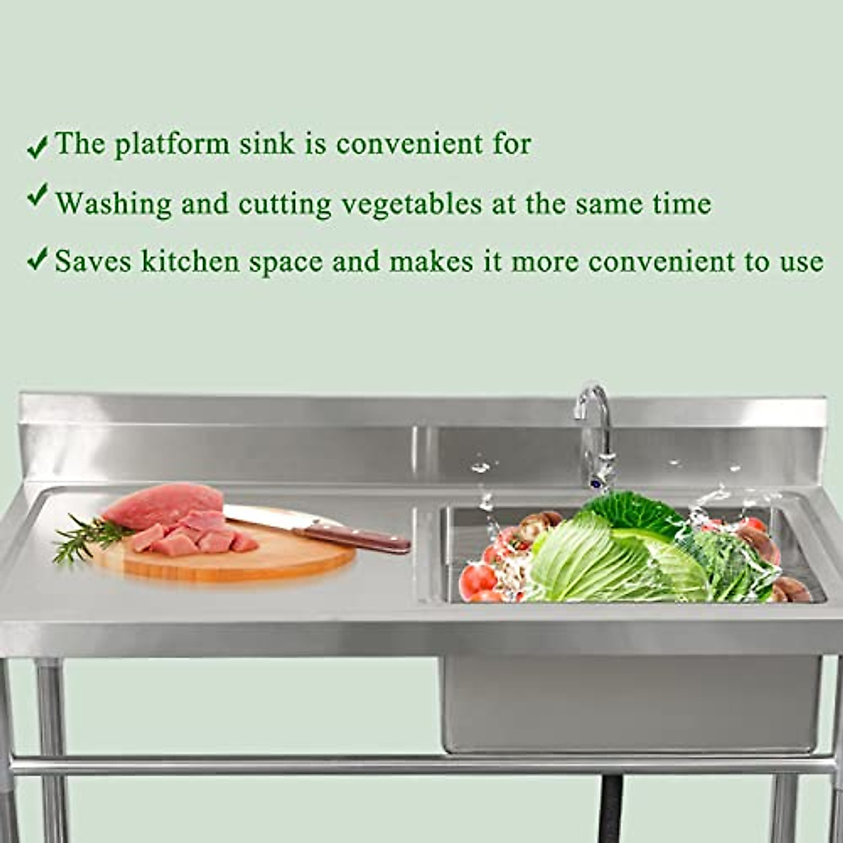 Free Standing Stainless-Steel Single Bowl, Commercial Restaurant Kitchen Sink Set W/Faucet Drainboard,Utility Sink Free Standing Single Bowl Kitchen Sink(Size:150cm,Color:A-Right platform)