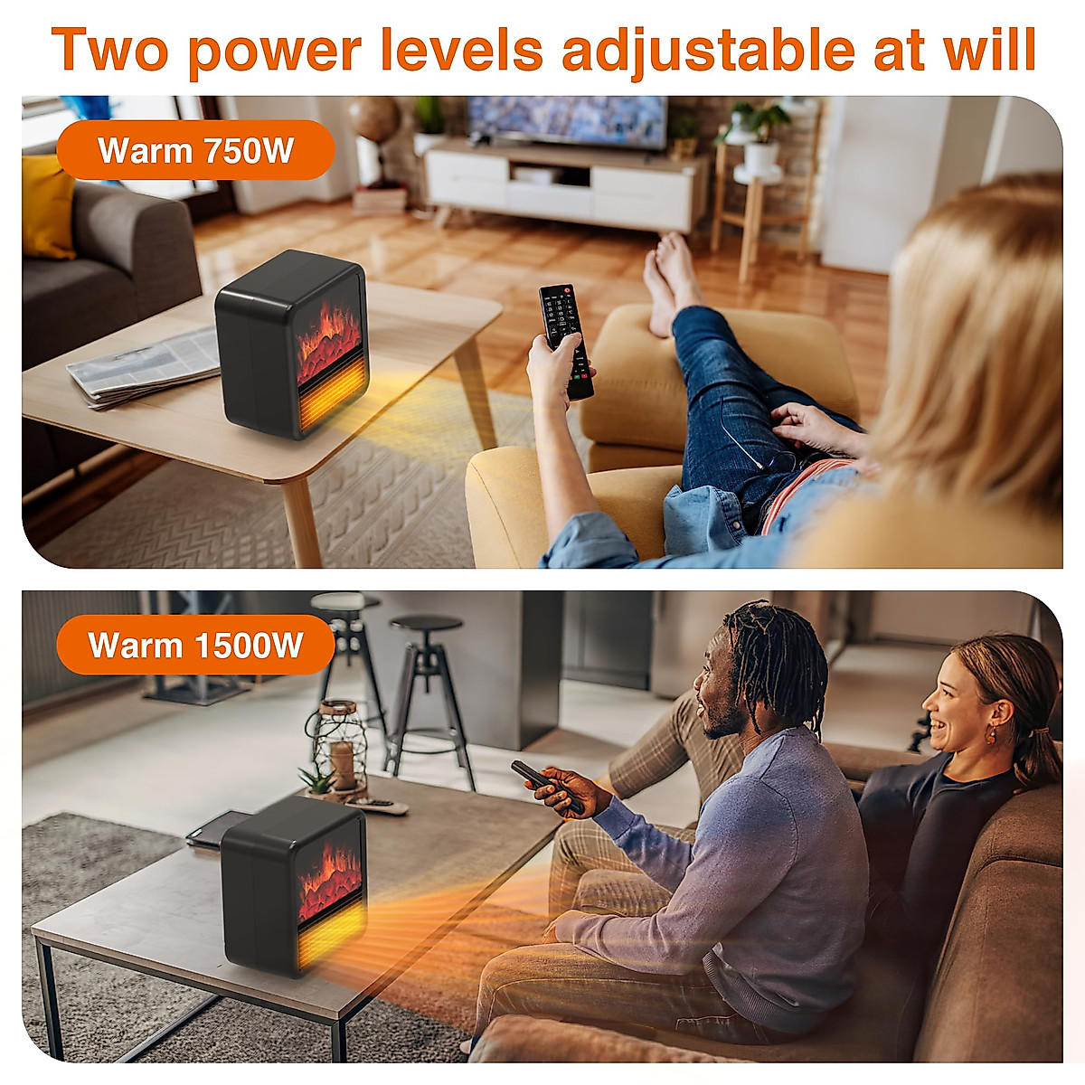 Small Portable Space Heater for indoor use with realistic 3D flame, Mini Electric Fireplace Heater with Thermostat, 1500W/750W PTC Ceramic Heating, Tip-Over Safety Switch, Black