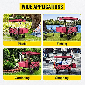 Happbuy Extra Large Collapsible Garden Cart with Removable Canopy, Folding Wagon Utility Carts with Wheels and Rear Storage, Wagon Cart for Garden, Camping, Grocery Cart, Shopping Cart, Red
