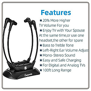 Earpanda Dual Wireless TV Headphones for Seniors - Hear TV Louder and Clearer with Tone and Balance Control - 100ft Long Range | Works with Two Users and Digital Smart and Analog Televisions