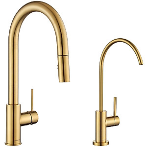AguaStella AS60BG Brushed Gold Pull Down Kitchen Faucet and AS09BG Brushed Gold Stainless Steel Water Filter Faucet for Most Reverse Osmosis Units or Water Filtration System in Non-Air Gap Combination