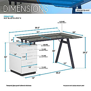 Techni Mobili Modern Smoke Tempered Glass top & Storage Home Office Computer Writing Desk Workstation with Two Cupholders and a Headphone Hook-Pine, 59.5" D x 29.25" W x 29.5" H, White