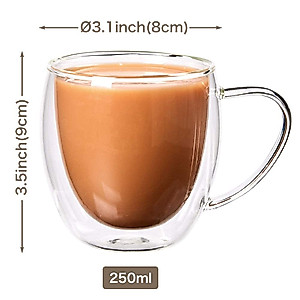 EZOWare Set of 4 Double Wall Coffee Mug Set, 8oz Clear Glass Thermal Insulated Cups with Handles for Hot or Cold Beverages, Espresso, Coffee, Tea, Cocoa, Latte, Cappuccino