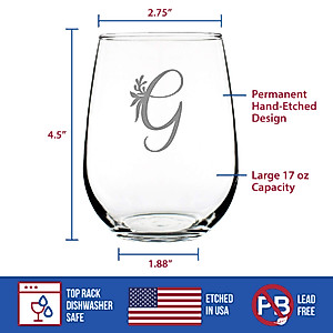 Monogram Floral Letter G - Stemless Wine Glass - Personalized Gifts for Women and Men - Large Engraved 17 Oz Glasses