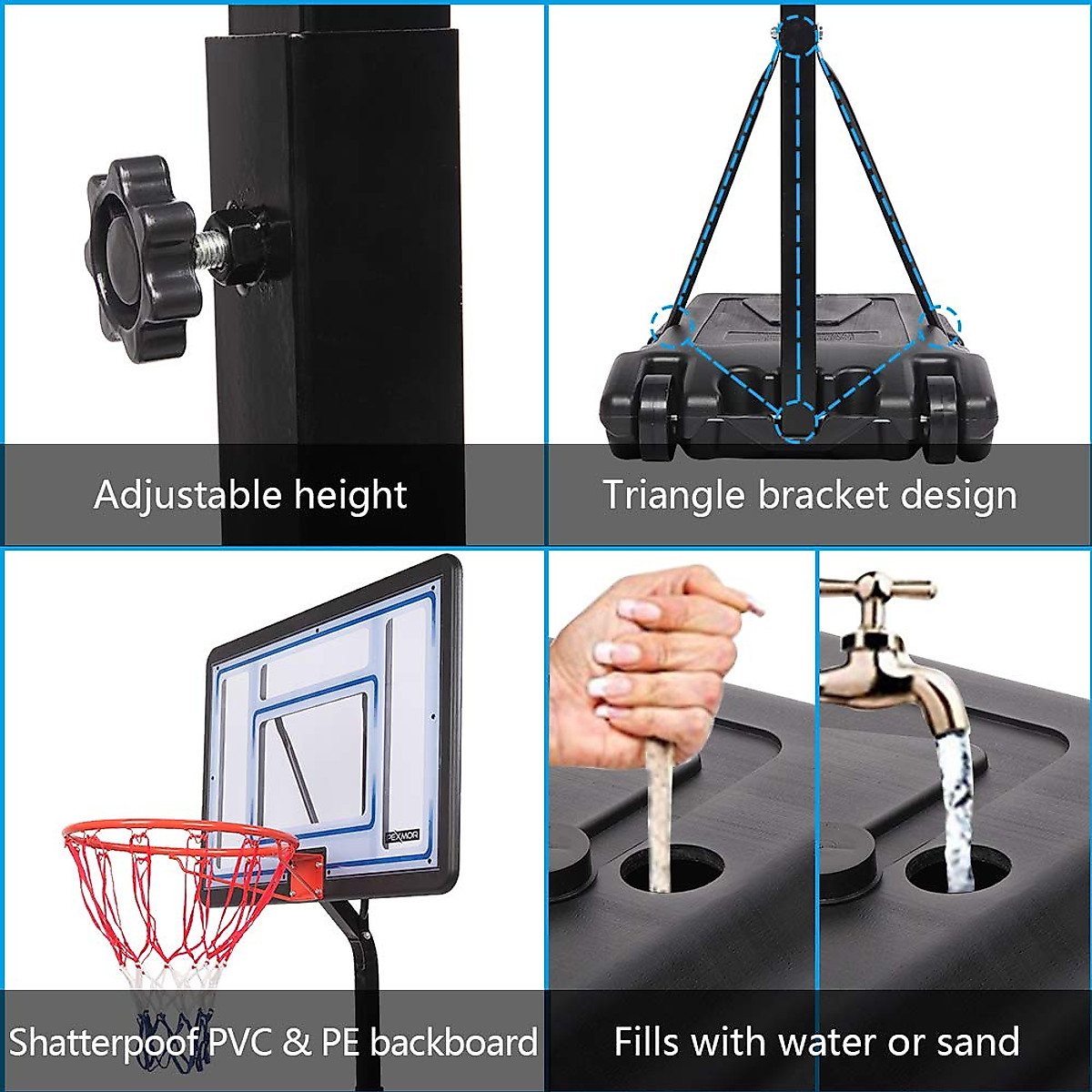 PEXMOR Pool Basketball Hoop Poolside, Portable 45-53" Height Adjustable Basketball Goal System for Swimming Pool w/Wheels, Upgraded Water Basketball Backboard Stand for Pool Indoor Outdoor