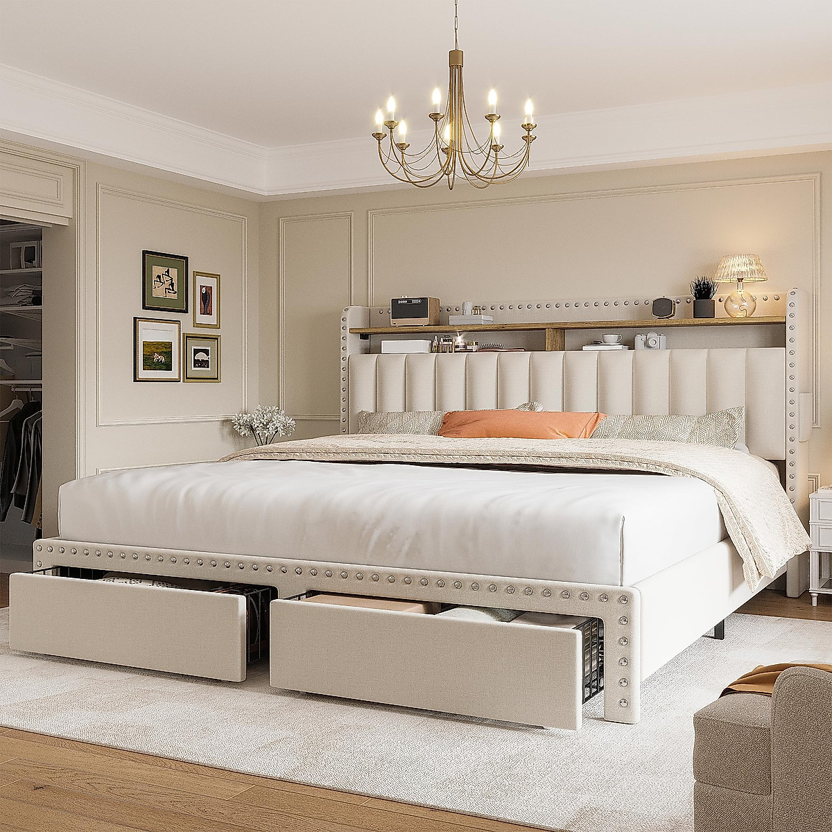 EnHomee Queen Bed Frame with Headboard and Storage, Upholstered Queen Bed Frame with Storage, Queen Size Bed Frame with 2 Drawers, Queen Size Bed Frame with Storage, NO Noise,No Box Spring Needed