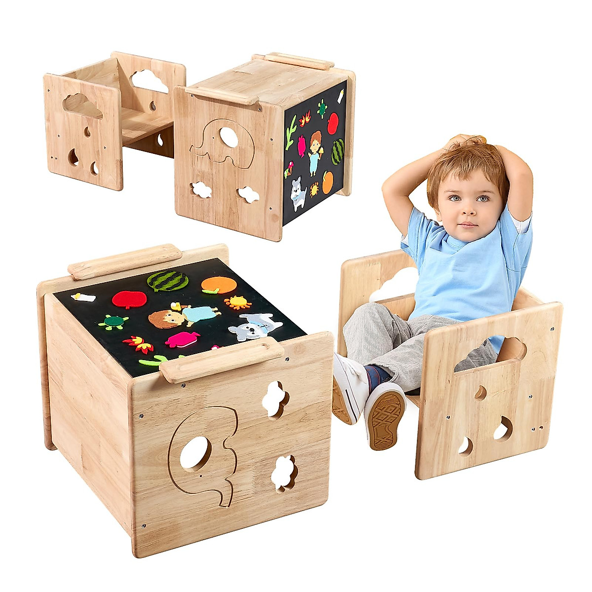 Montessori Weaning Table and Chair Set with Built-in Chalkboard,3 in 1 Solid Wooded Toddler Table and Chair,Kids Activity Table Set for Aged 1-3,Kids Montessori Furniture for Painting Learning Playing