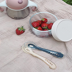 BEABA Toddler’s Self Feeding Silicone Spoons, Toddler Spoons, Baby Essentials, Baby Must Haves, 4 Pack, (Drizzle)