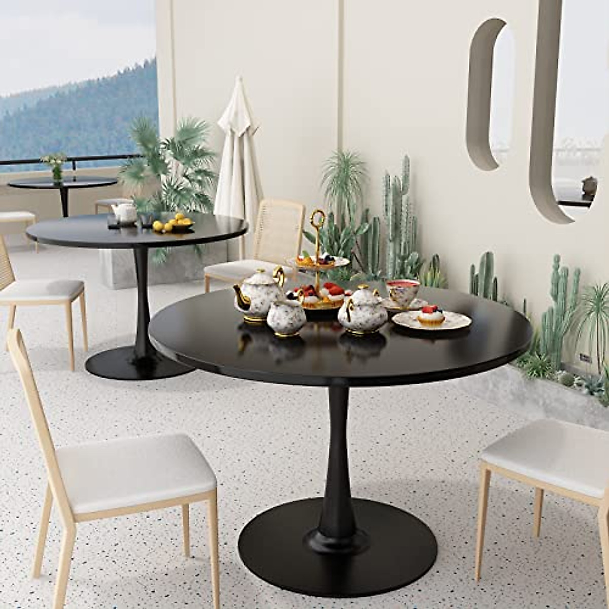 DKLGG Black Round, 42.1" Tulip Kitchen Dining 4-6 People with MDF Top & Pedestal Base, Mid-Century End Leisure Coffee Office Living Room Table