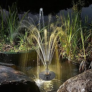 Jutai Floating Pond Fountain Pump with LED Lights Electric 2 Tier Spray, 2023 Plug in DC 12V Outdoor Water Fountain Waterfall for Small Ponds, Garden, Inground Pools, 32.8ft Power Cord(Warm White)