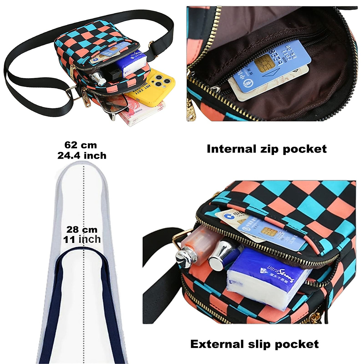 WYAQJLV Small Crossbody Cell Phone Purse for Women Girls Mini Messenger for Checkered Shoulder Bag Wallet (black and white plaid)