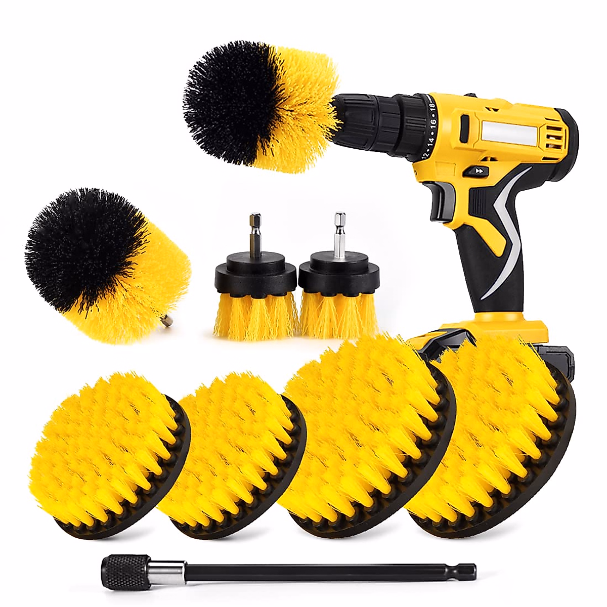 Shieldpro Drill Brush Attachment Set,Power Cleaning Scrub Brush,All Purpose Drill Brushes with Extend Long Attachment for Bathroom and Kitchen Surface,Grout,Tub,Shower,Tile,Corners, Automotive-Yellow