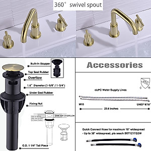 TRUSTMI Bathroom Faucet 2 Handle 8 Inch Brass Sink Faucet 3 Hole Widespread with 360 Degree Swivel Spout, cUPC Water Supply Lines and Overflow Pop Up Drain Included, Brushed Gold