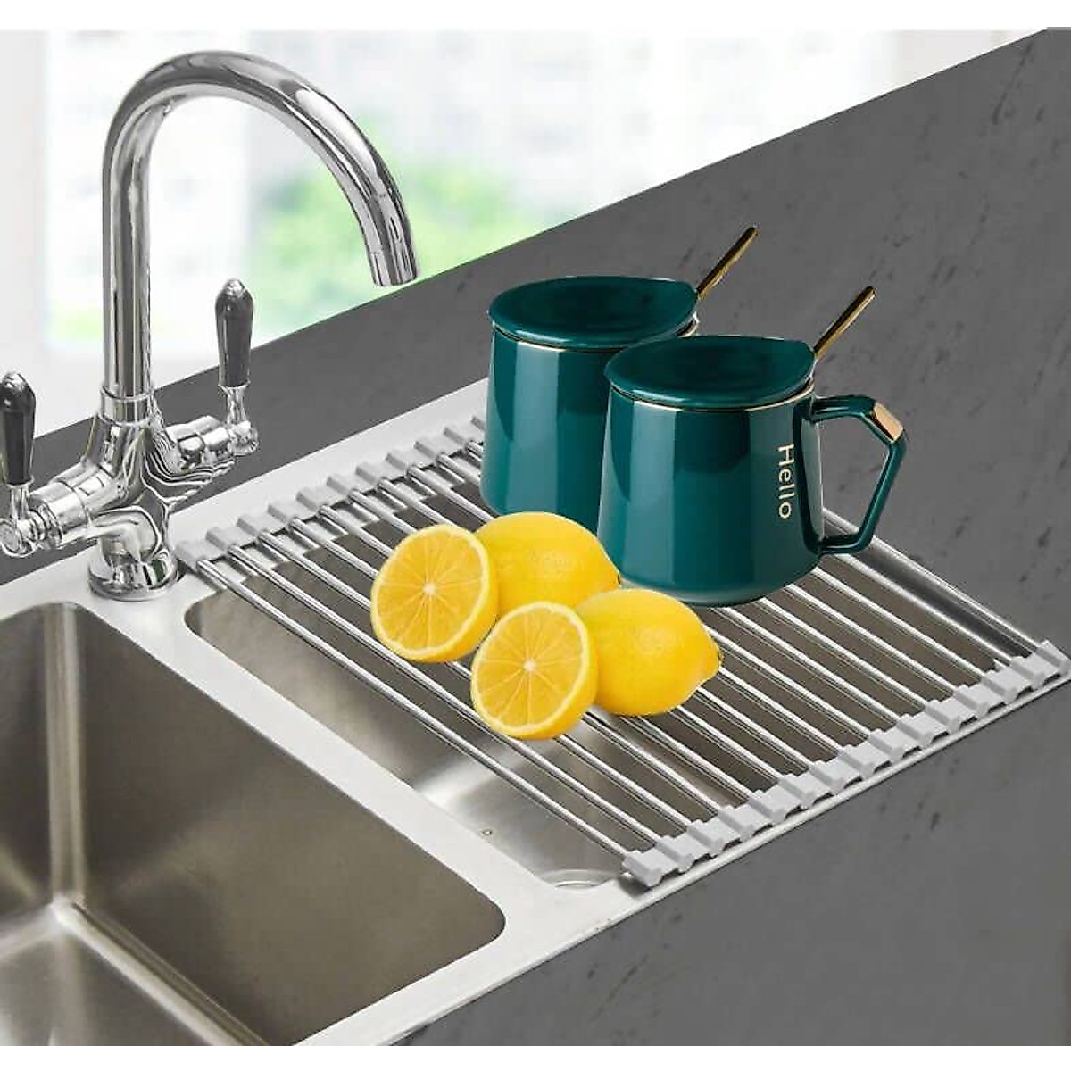 Ahyuan Roll up Dish Drying Rack Over The Sink Dish Drying Rack Dish Rack Over Sink Rolling Rack Dish Racks for Kitchen Counter (11.8''Wx17.8''L, Warm Grey)