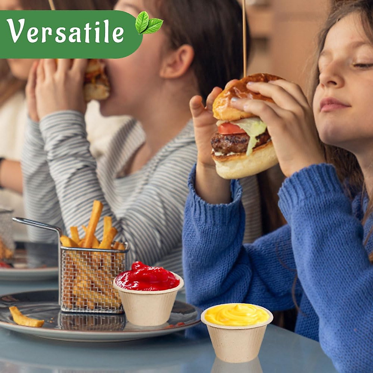 FUYCIEUM 150 Pieces Bagasse Fiber Souffle Cups with Lids, 4 Oz Biodegradable Sample Cups, Compostable Portion Cups for Condiment, Dips, Jams, Tomato Sauce, Snack, Honey, Nuts, Butter, Biscuits