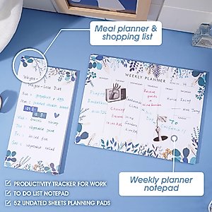 Weekly Planner Notepad Tear Off Set of 2 Weekly Calendar Pad 52 Undated To Do List Notepad Sheets Desk Planner Planning Pads Productivity Tracker for Work Goals Notes Schedule Ideas, Floral Blue
