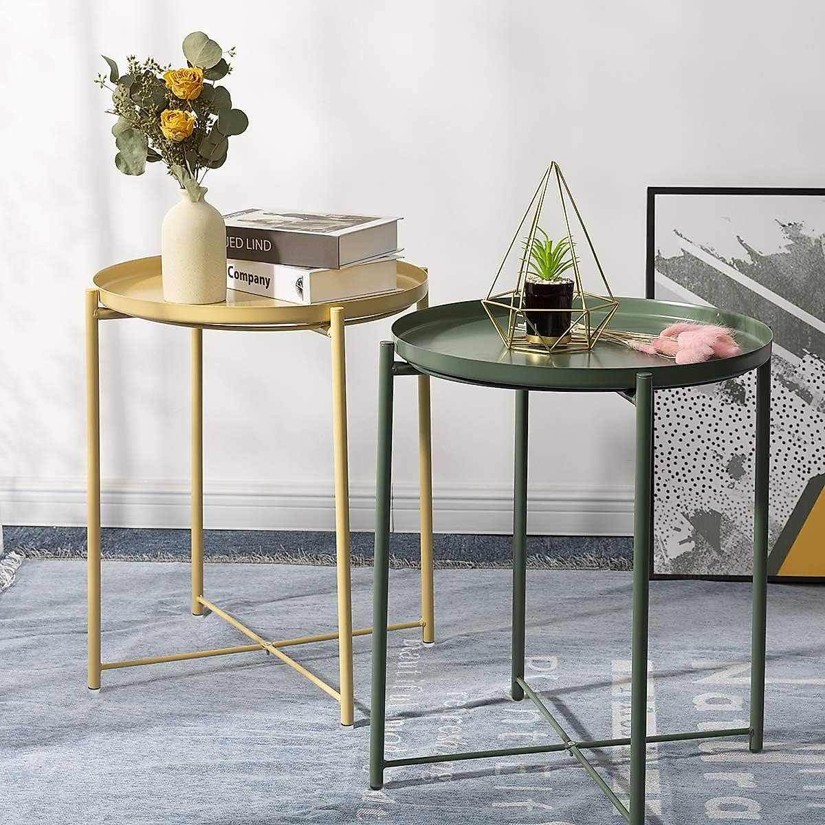 danpinera Side Table, End Table for Small Spaces Accent Metal Bedside Table Round Small End Table, Outdoor Side Table Accent Patio Side Table Anti-Rust and Waterproof Dark Green