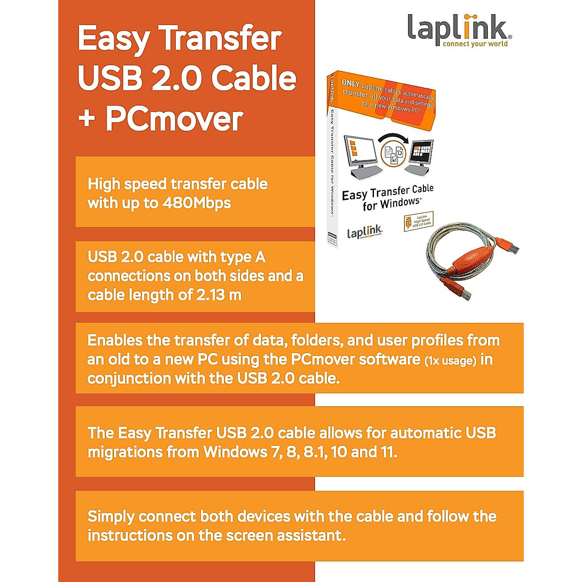 LAPLINK Easy Transfer Cable for Windows, Includes PCmover Express Software and USB 2.0 PC to PC Cable, Single Use License, Transfers Files, Settings, and User Profiles. Compatible with Windows 11