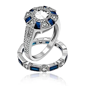 Uloveido Women's Platinum Plated Baguette Cut Blue Cubic Zirconia 2 Pcs Engagement Wedding Band Stacking Rings Set Gift (Size 6) RJ497