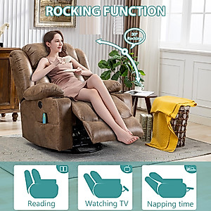 MEETWARM Massage Swivel Rocker Recliner with Heat and Vibration, Manual Glider Rocking Recliner Chair, 360°Swivel Lounge Reclining Chair with USB Ports/Cup Holder/Remote Control(Brown)