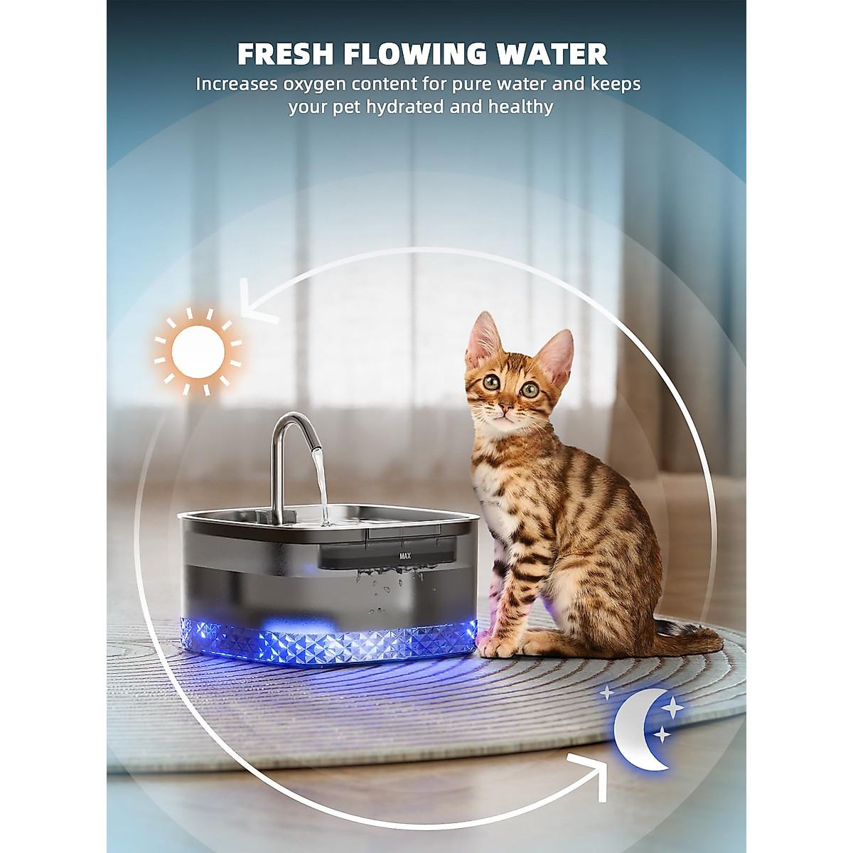 Cat Water Fountain: 75oz/2.2L Automatic Pet Water Dispenser for Cats, 304 Stainless Steel Faucet & Lid Cat Water Bowl Dispenser, Super Silent Pet Water Fountain for Cats Inside, Pump with LED Light