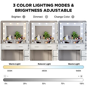 Likein Makeup Vanity with Charging Station, Makeup Vanity Desk with Mirror and Lights, Dressing Table with Nightstand Drawers & Cabinet for Women Girls Bedroom