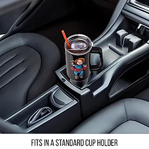 Silver Buffalo Chucky Holding Knife Wanna Play Spooky Scary Stainless Steel Tumbler with Handle and Straw, Fits in Standard Cup Holder, 40 Ounces