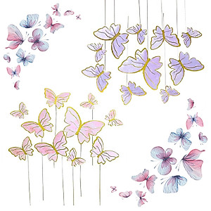60PCS Pink Purple Gold Butterfly Cake Toppers, 3D Cupcake Toppers Happy Birthday Metal Gold Topper for Girls Women's Party Decorations Women Party Wall Food Decorations,Mixed Size