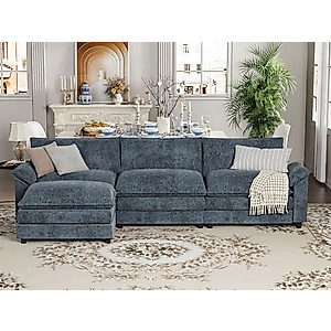 YESHOMY Sectional Modular Sofa L Shaped Chenille Fabric Couch with High Supportive & Soft Sponges and Removable Ottoman, Sleeper Comfy Upholstered Furniture for Living Room, Blue