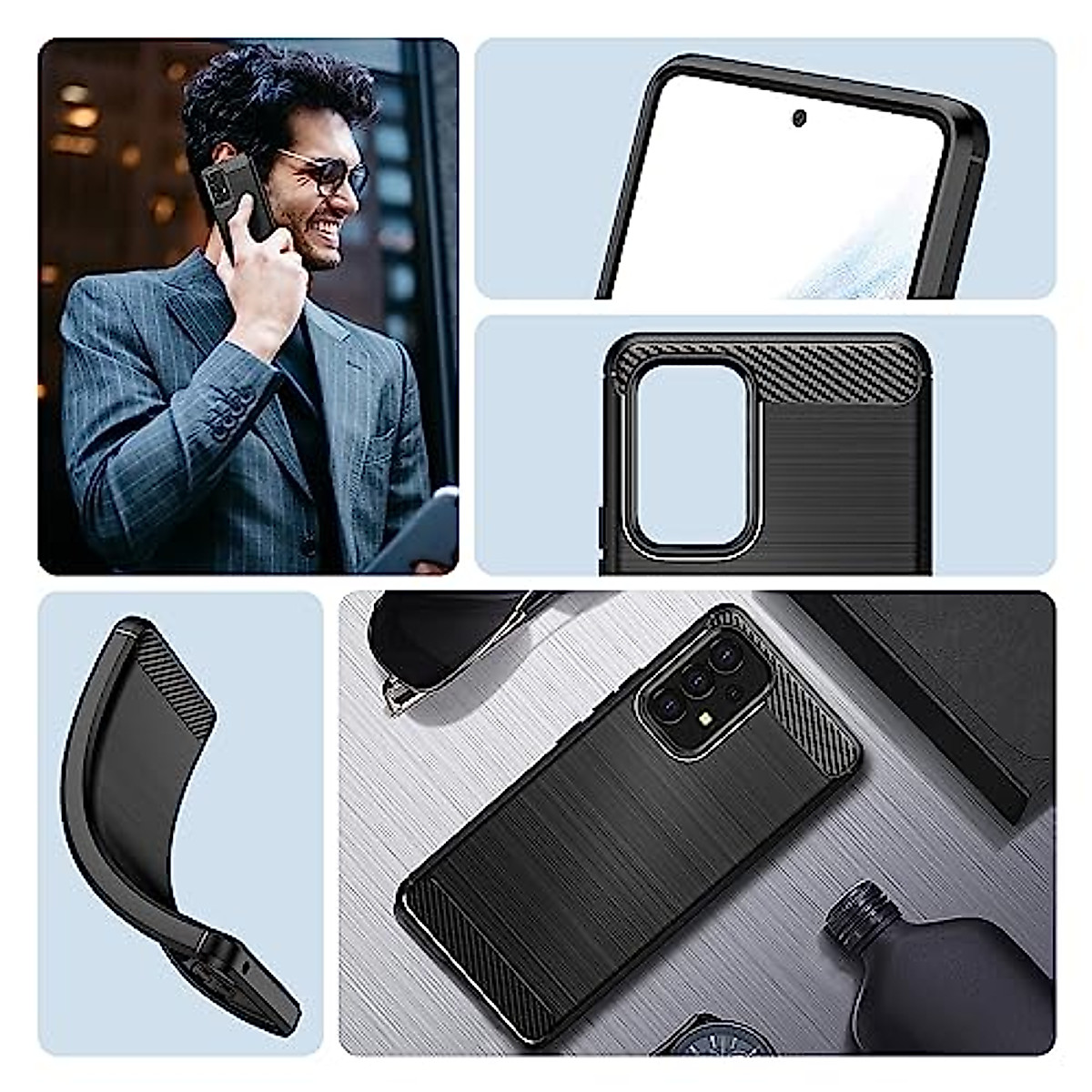 Qiinogow Case Compatible with Samsung Galaxy A53 5G, Slim Fit Phone Cover with Shock-Absorption, Carbon Fiber TPU Rubber Protective Case, Black