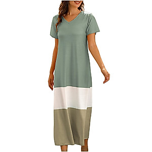 LFEOOST Colorblock Maxi Dresses for Women Summer Casual Short Sleeve V Neck Long Dress Loose Comfy Plus Size Beach Dress Gray