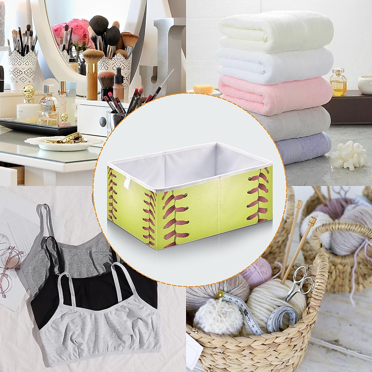 Emelivor Baseball Softball Laces Green Cube Storage Bin Fabric Storage Cubes Large Foldable Storage Baskets Cloth Box Containers for Home Closet Bedroom Drawers Home Decor,11 x 11inch