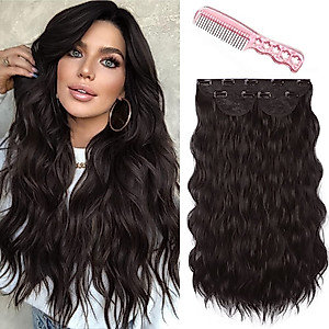DeeThens Clip in Hair Extensions Long Dark Brown Hair Extensions for Women Wavy Synthetic Thick Hair Extensions Full Head Invisible 3pcs (Dark Brown)