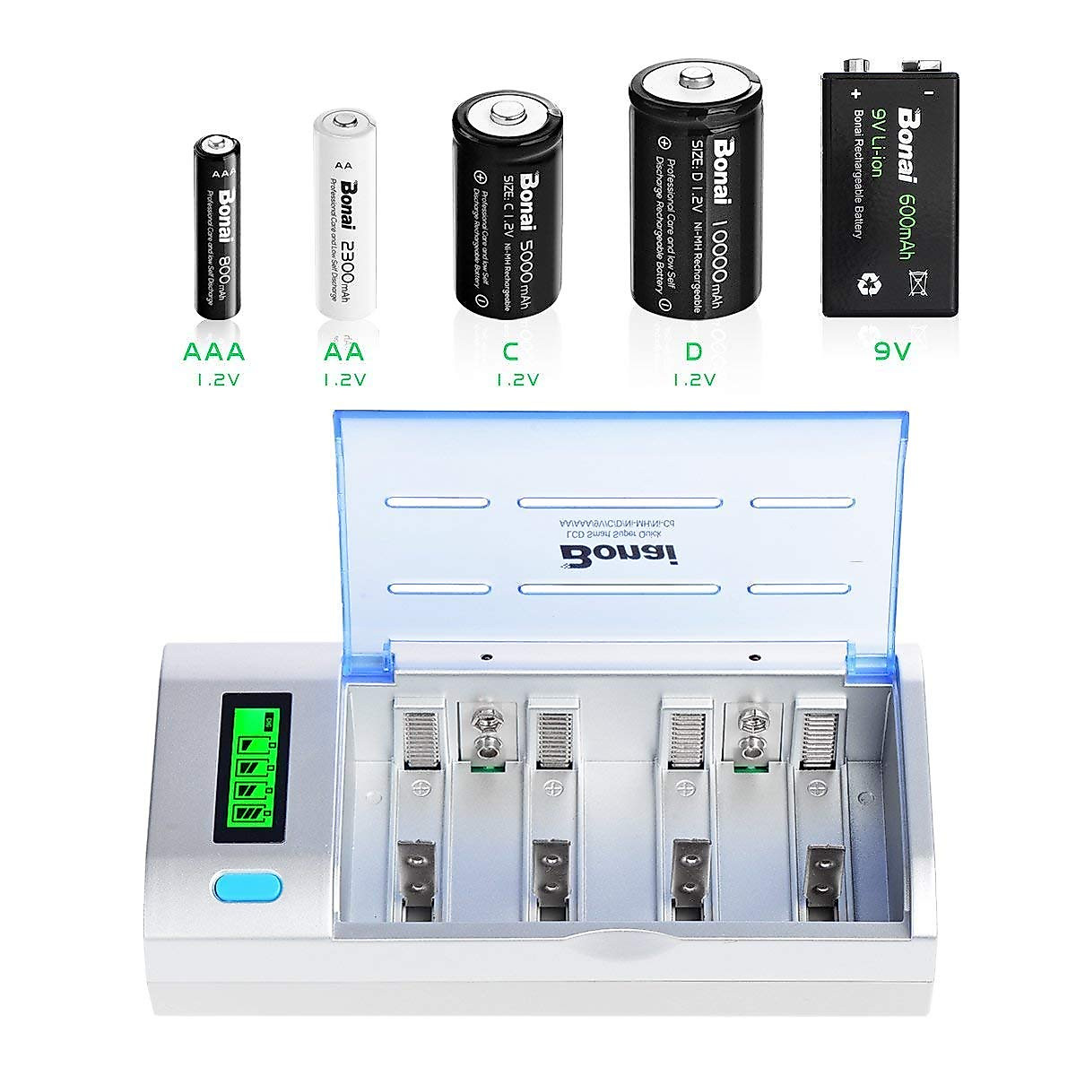 BONAI Rechargeable C Batteries 5000mAh 4-Counts with LCD Battery Charger for C D AA AAA 9V Ni-MH Ni-CD Batteries with D Cells 10,000mAh 1.2V Ni-MH High Capacity High Rate Battery 4 Pack