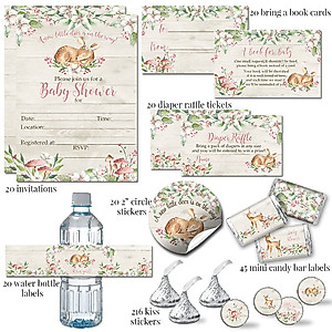 Amanda Creation Little Deer Woodland Girl Baby Shower Party Bundle Includes 20 each of Invitations with Envelopes + 4 Different Sizes of Decorative Stickers, Diaper Tickets & Bring a Book Cards