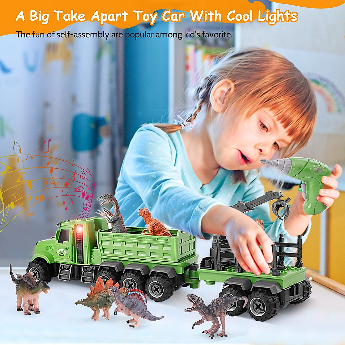 FANURY Dinosaur Toys Truck with Lights Sounds for Kids, 8 Dinosaurs & Electric Drill, Take Apart Truck Building Toys, Dino Transport Cars Playset Toys Gifts for 3 4 5 6 7 8 Year Old Boys Girls