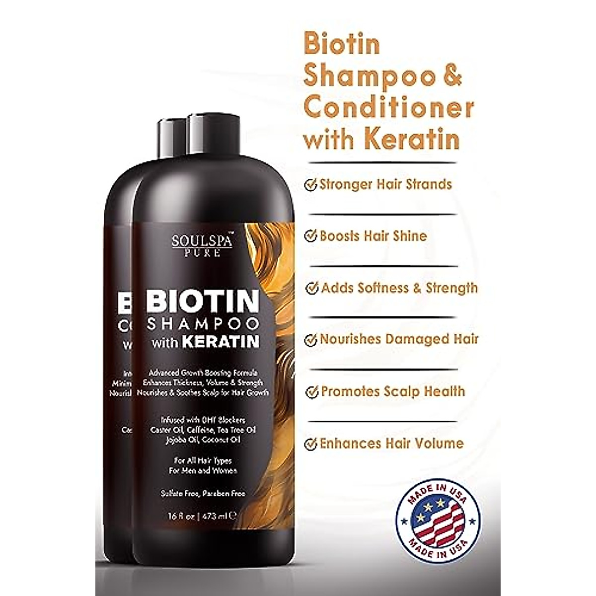 SOULSPA PURE Biotin Shampoo and Conditioner Set with Keratin - Advanced Anti-Thinning, Hair Growth & Repair Formula - Soothes Scalp, with Tea Tree Oil & DHT Blockers - for Men & Women - 16 fl oz each