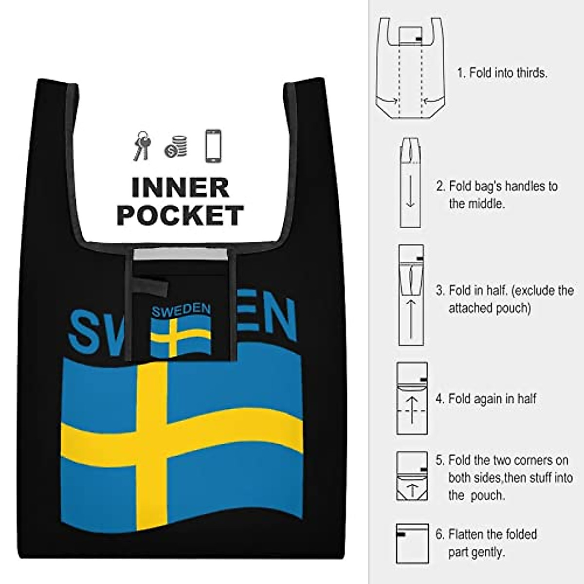 Flag of Sweden Printed Reusable Grocery Bag with Handle Foldable Shopping Tote Bags Portable for Supermarket Camping