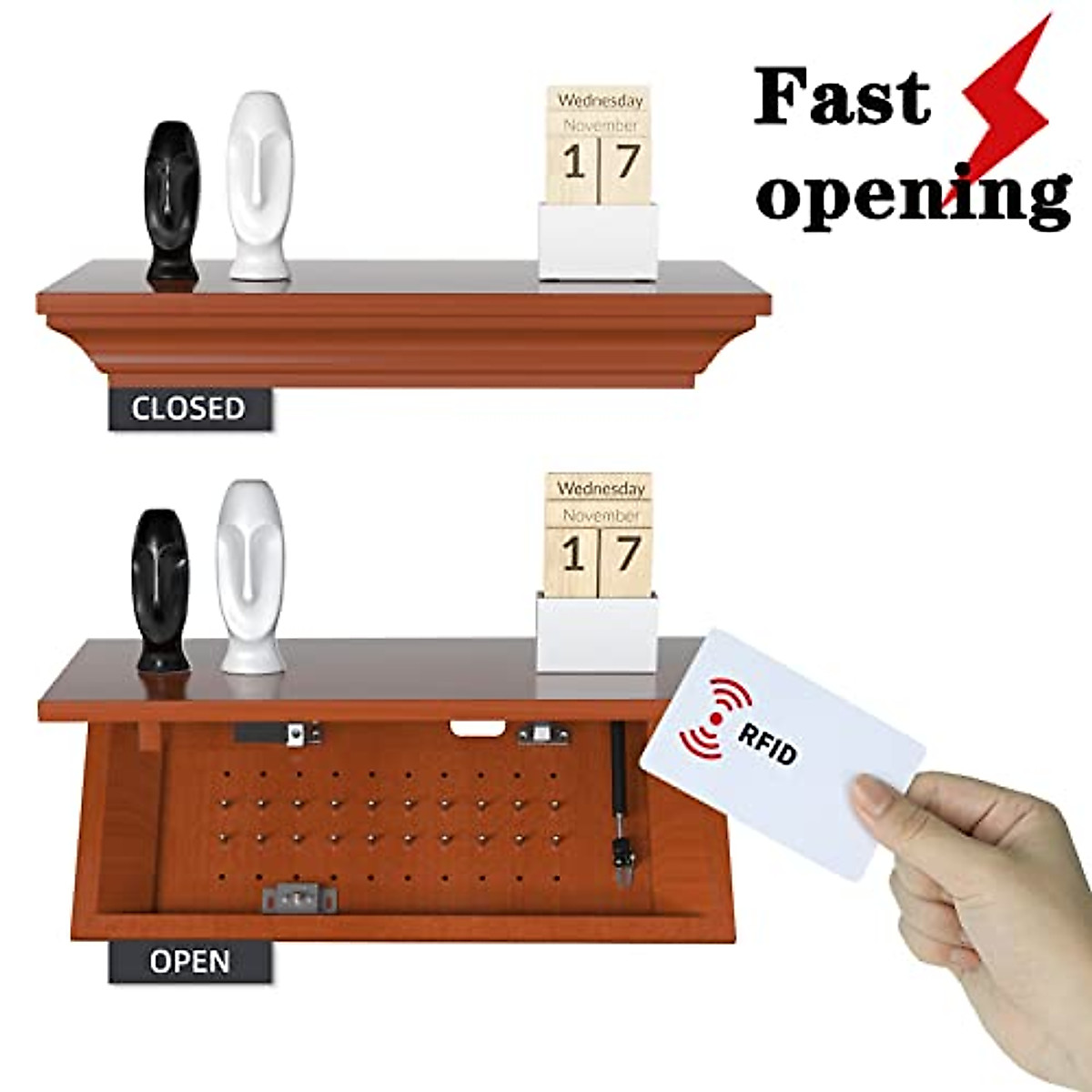 Hidden Compartment Wall Shelf Wood with RFID Lock,Floating Shelves for Walls with Secret Storage Space, 22.5 " X 10.5" X 4" (Dark Wood)