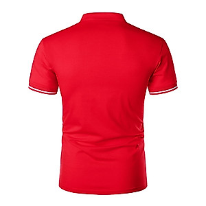 HOOD CREW Mans Fashion Short Sleeve Polo Shirts Summer Casual Band Collar Tops Shirt Red XL