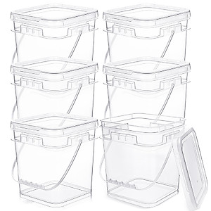 Domensi 6 Pcs Clear Square Bucket with Lid Food Buckets Ice Cream Plastic Buckets with Handle Reusable Freezer Containers Industrial Pails for Paint Storage for Kitchen Home(1.5 Gallon)