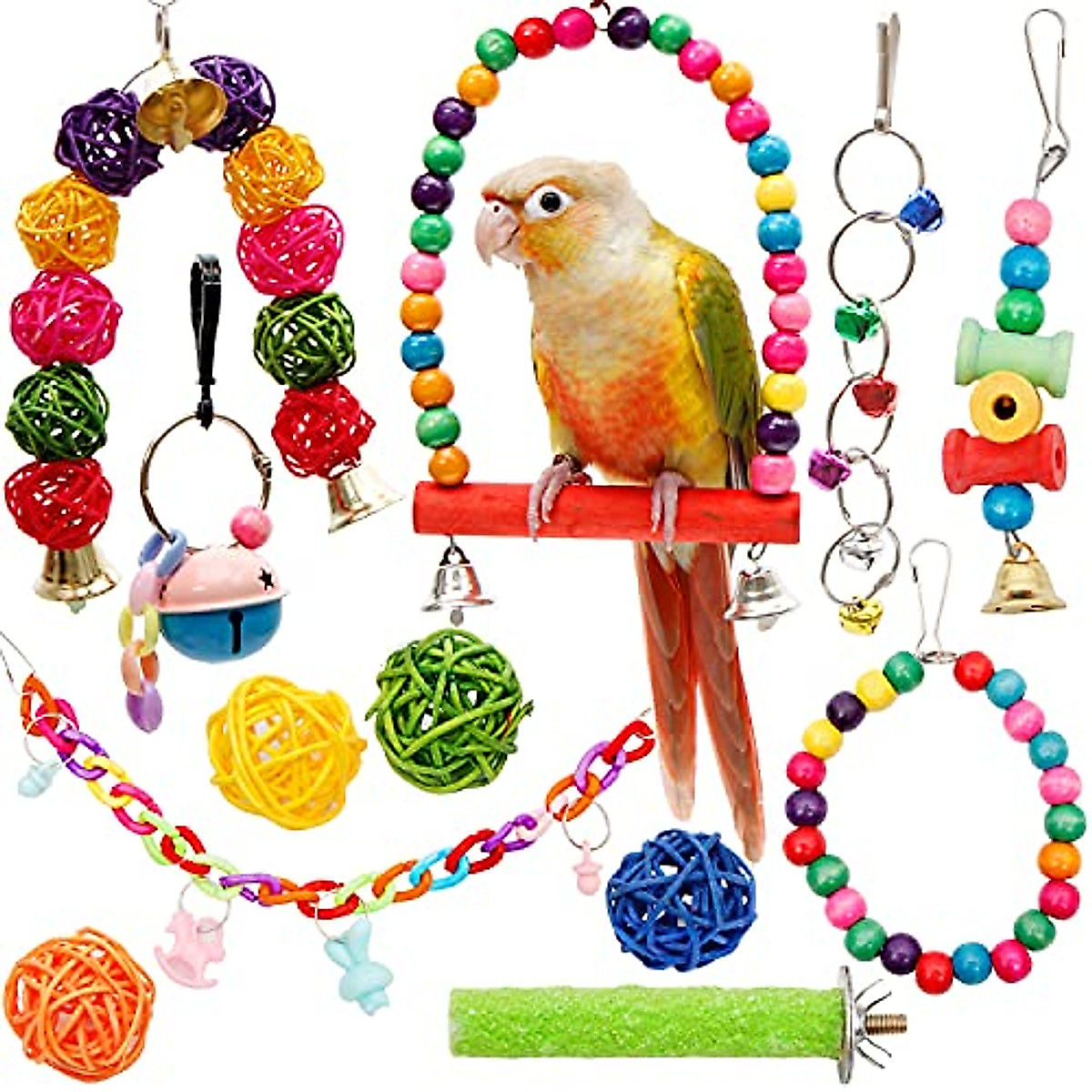 Youngever 12 Packs Bird Swing Toy, Parrot Toys Hanging Bell, Bird Cage Toys for Parrots, Finches, Macaws, Cockatiels